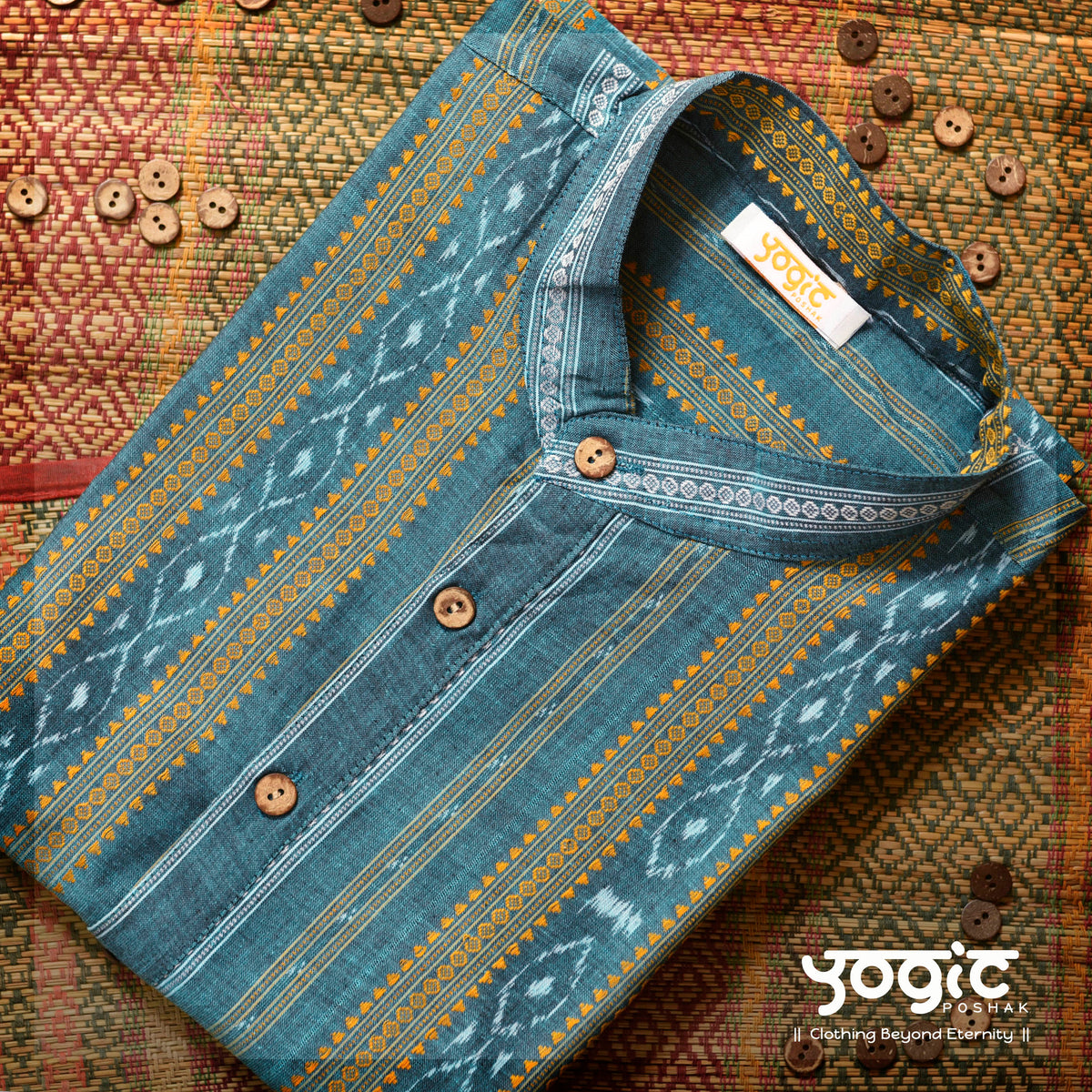 Agastya | handloom cotton kurta for men | cyan | ikat – YOGICposhak